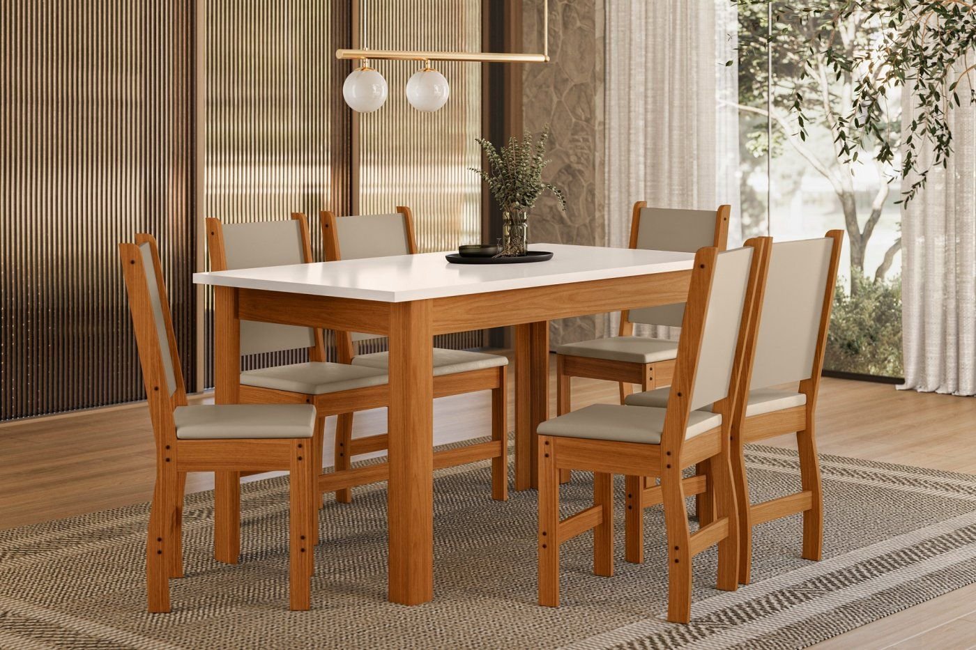 Mesa de Jantar Bellagio Retangular 150cm com 6 Cadeiras Carvalho Off ...