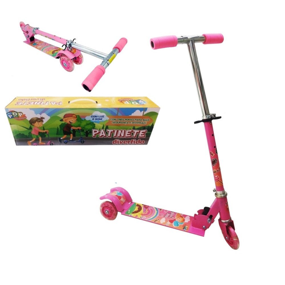 Patinete Infantil 3 Rodinhas com Luz Led e Freio Ajustável Cor:Rosa ...