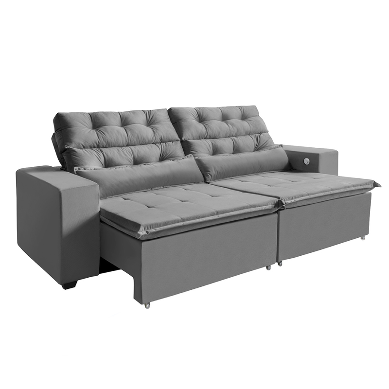 Sofá América 2,52 m 3 Lugares Tecnologia Carregamento 3 portas USB Retrátil e Reclinável Cinza ...