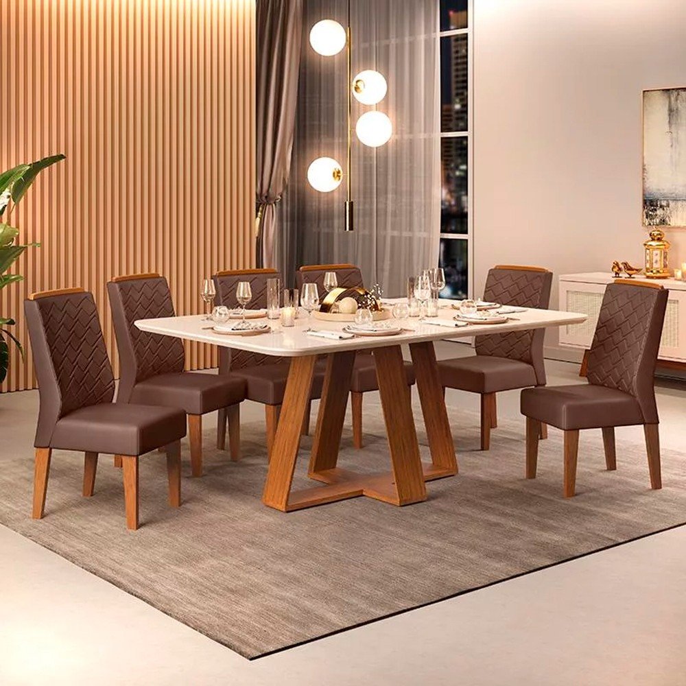 Mesa de Jantar Kiara 160cm Com 6 Cadeiras Lídia D04 Freijó/Veludo Moca - Mpozenato Kiara/Lídia ...