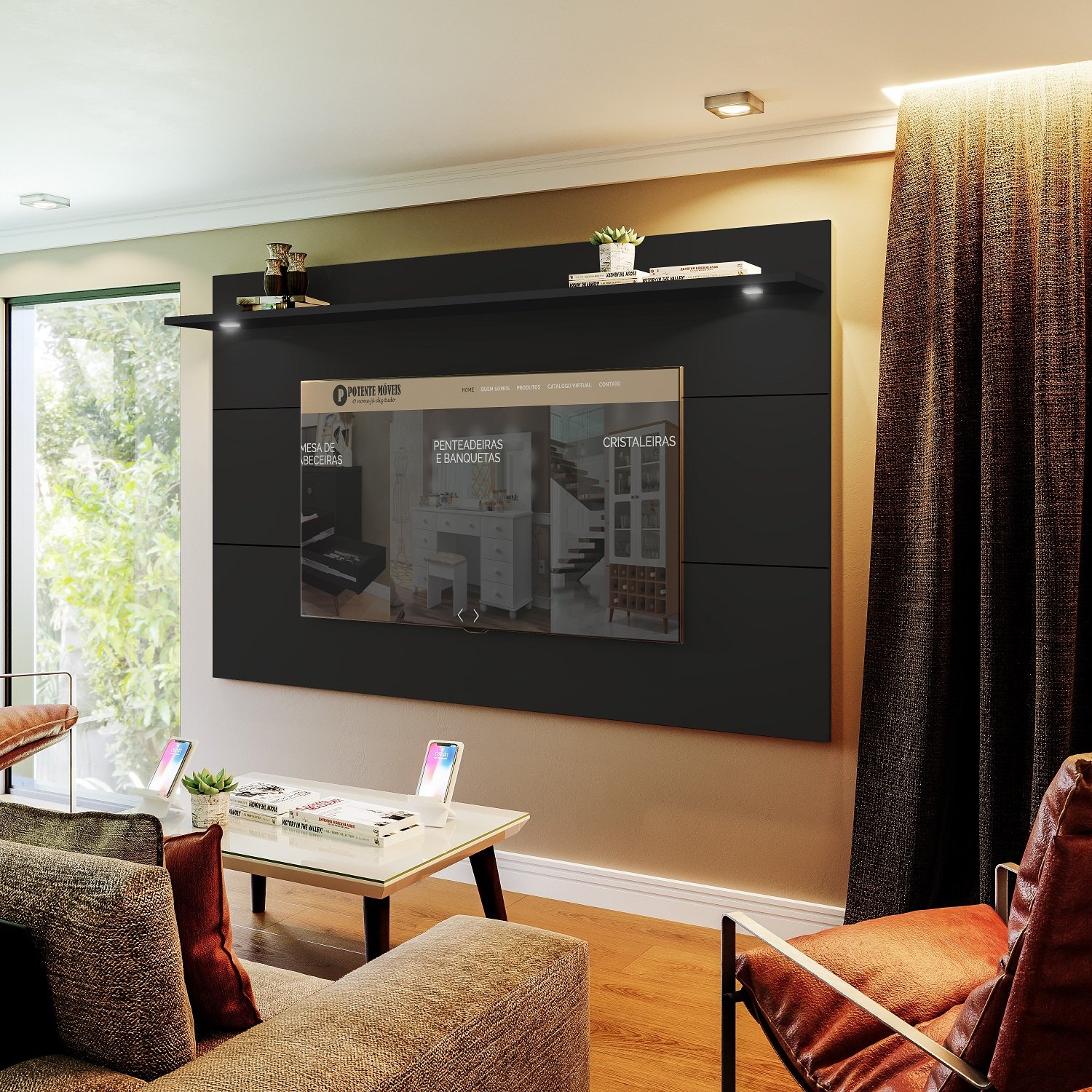 Painel de Tv Dubai 50" c/ Led Preto Sala Moderna | MadeiraMadeira