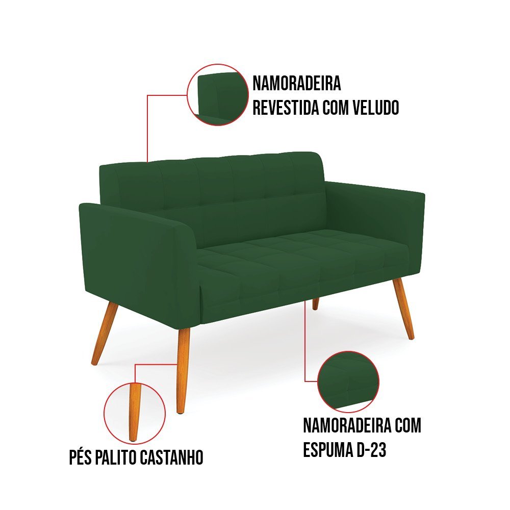 Sofá Namoradeira Elisa Veludo Pés Palito Castanho - D'Rossi DRossi ...