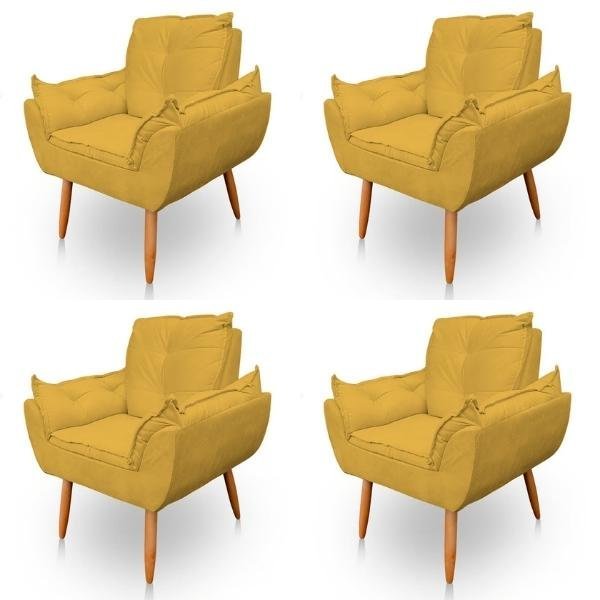 Kit 4 Poltrona Decorativa Opala Pés Palito Sued Amarelo - Kimi Design ...