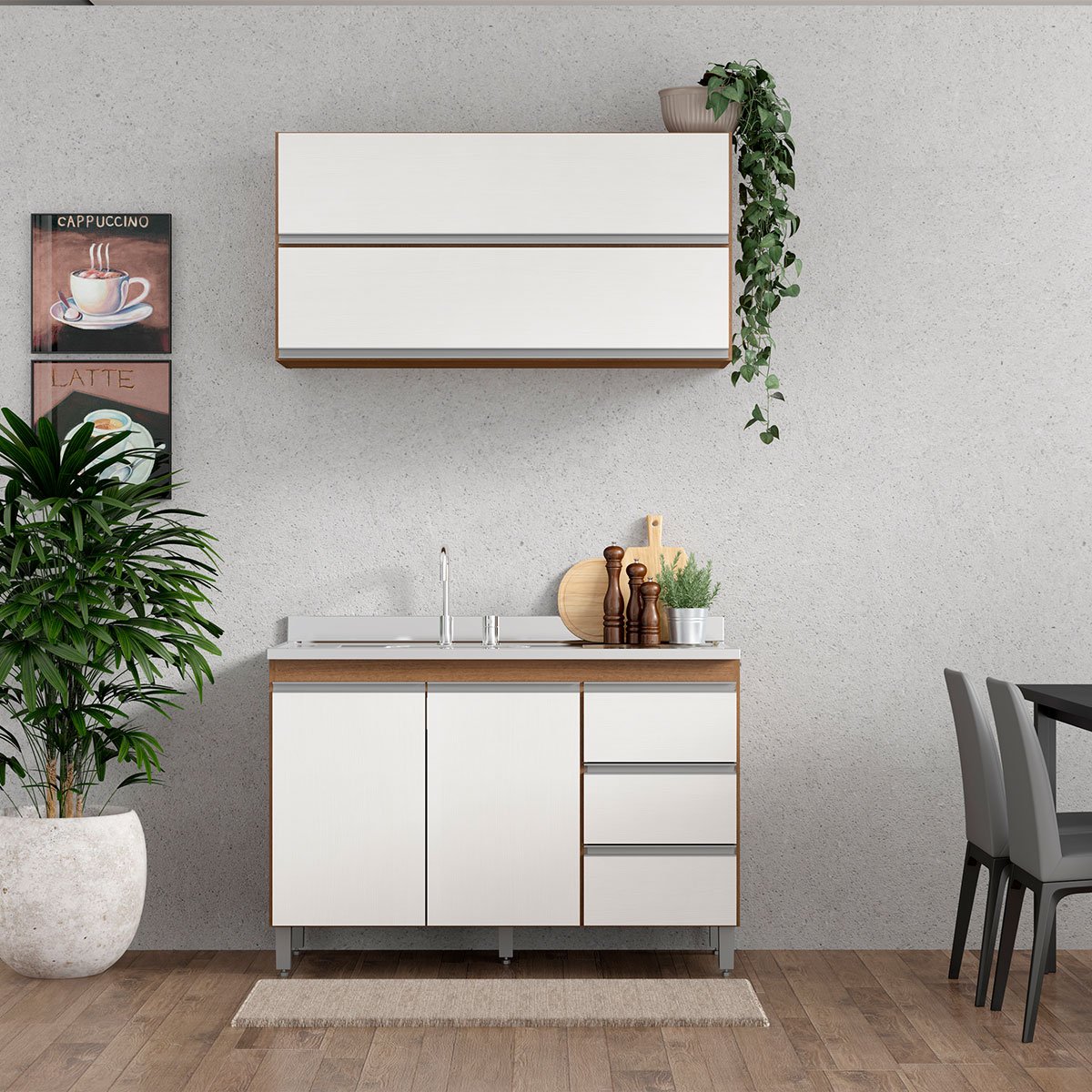 Cozinha Completa Modulada Sabrina 120 Cm Armário e Balcão 3 Peças 4 Pt ...