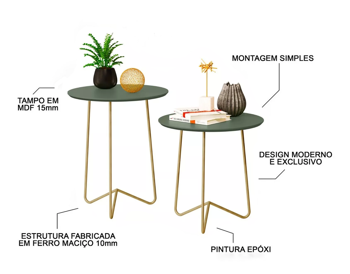 Conjunto Mesas Laterais Roma Dourado 60-50 - Industrial - Verde | MadeiraMadeira