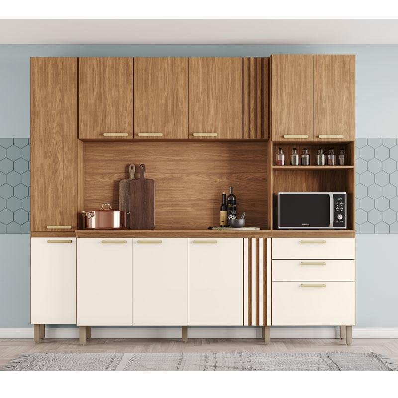 Kit Cozinha Compacta Ambiente B126 11 Portas com Painel Nature Off White – Briz | MadeiraMadeira