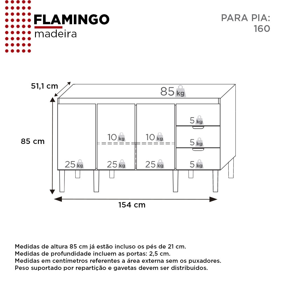 Gabinete de Cozinha Para Pia de 160 em Madeira Flamingo 3 Gavetas ...