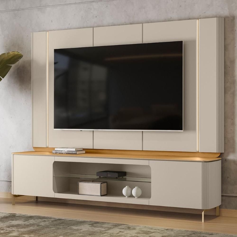 Conjunto Painel e Rack Quebec Tauari Off White | MadeiraMadeira