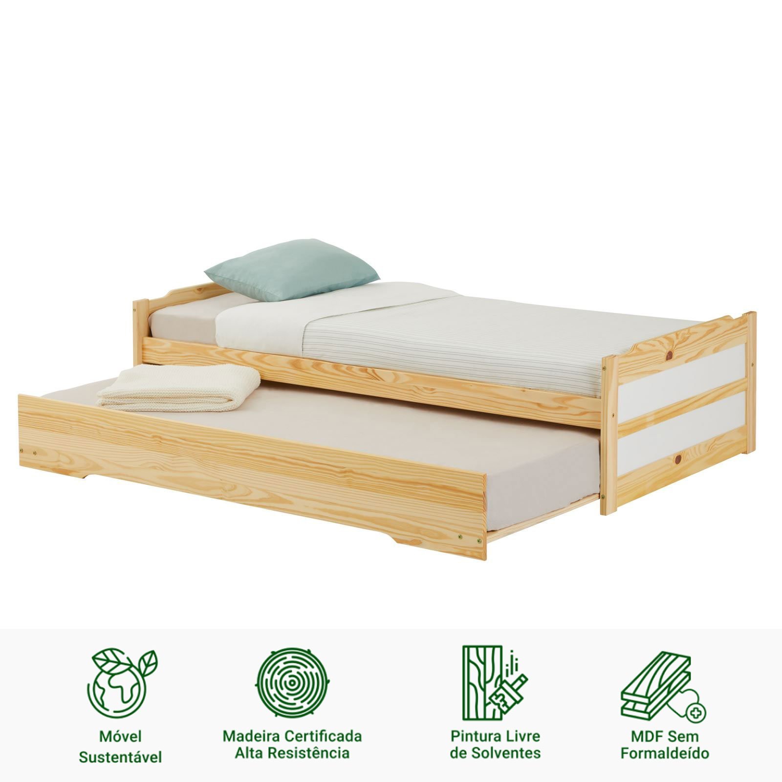 Bicama Solteiro Madeira Maciça com Estrado Lorena Natural Branco ...