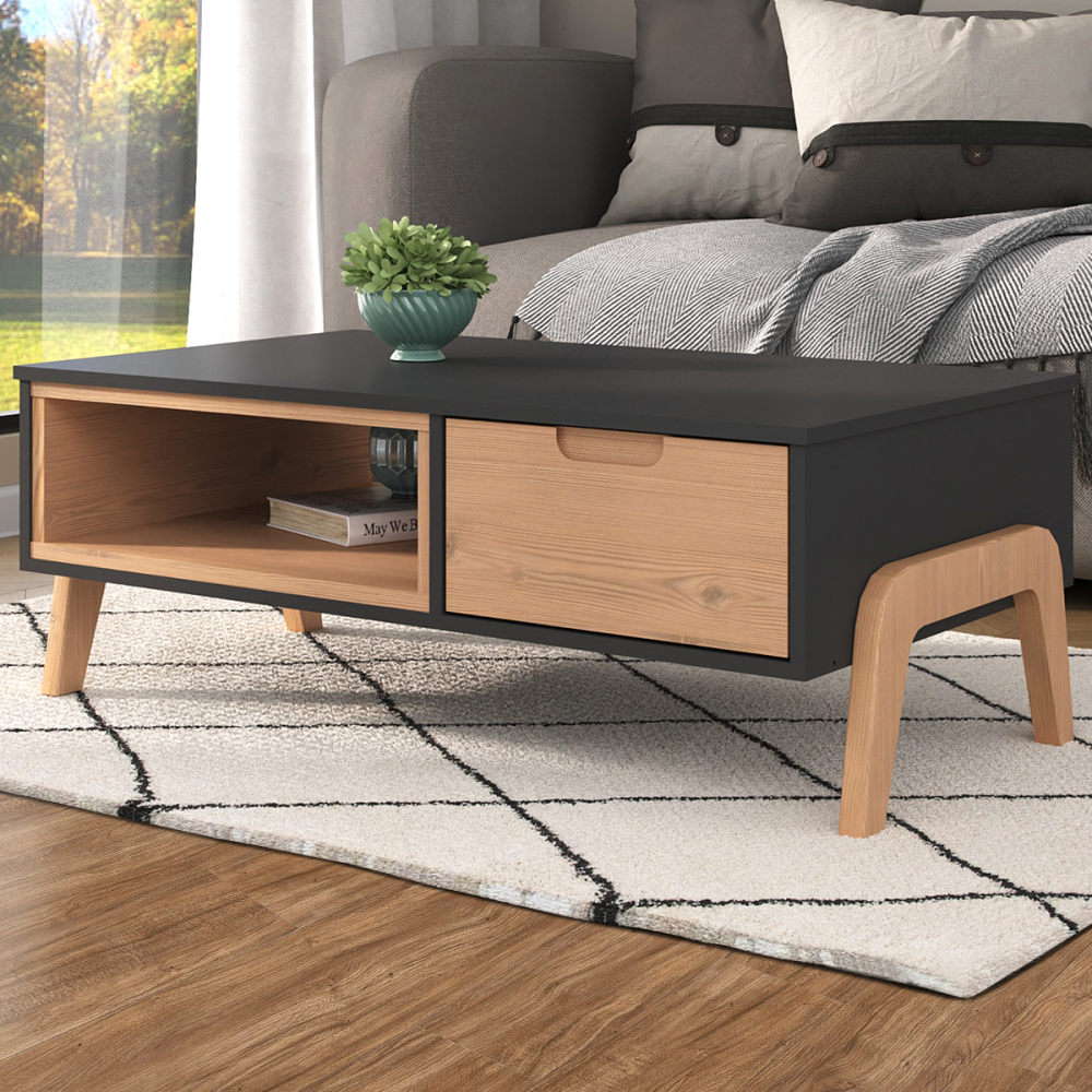 Mesa de Centro 1 Gaveta 1 Nicho Grafite Tx/Pinus Cera Bf-1012 - Hecol Móveis | MadeiraMadeira