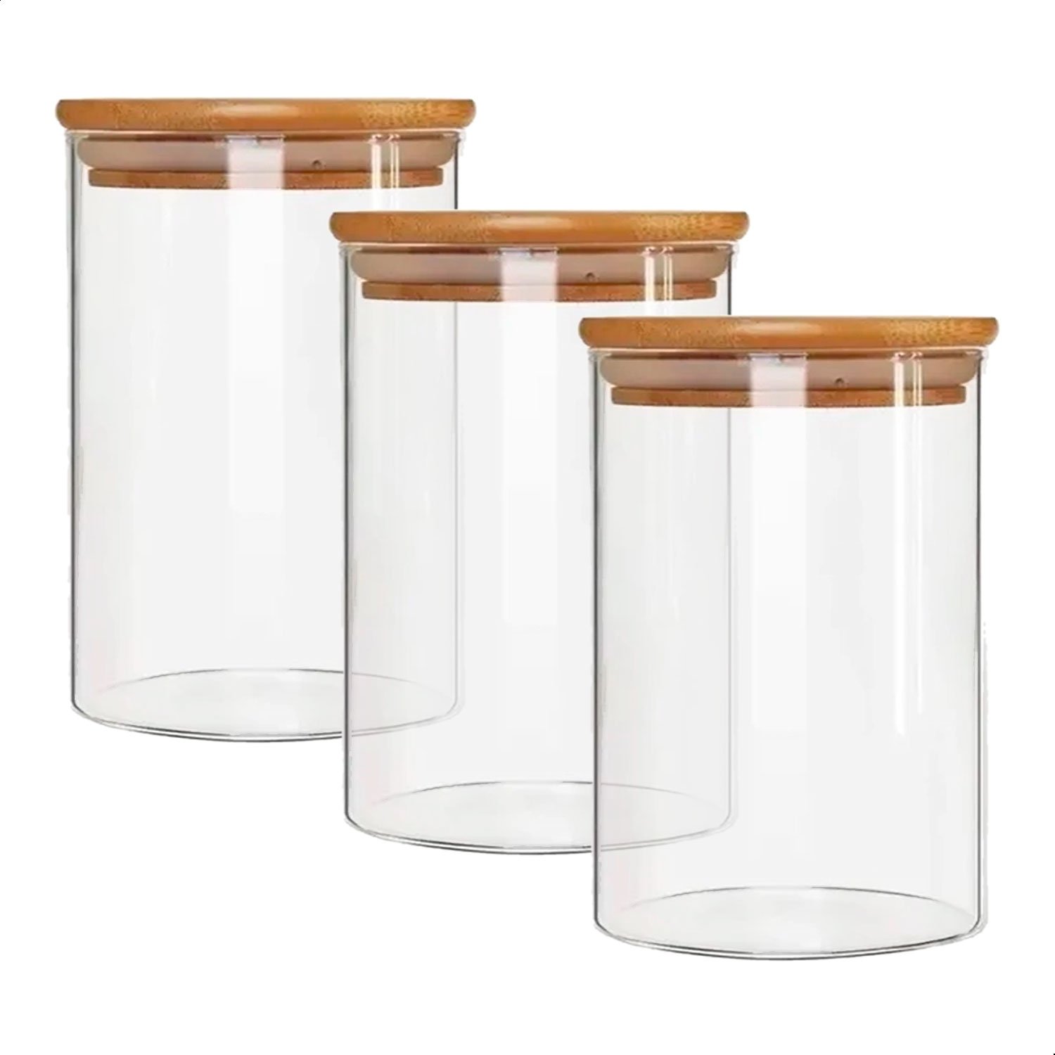 Kit de 3 Potes Herméticos Vidro Tampa Bambu 1000ml | MadeiraMadeira