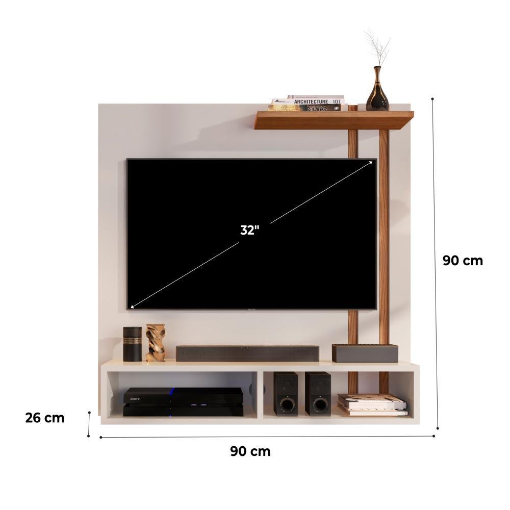 Painel Para Sala TV 32 Polegadas com Nicho e Prateleira Sun - Off White com Nature - RPM Móveis ...