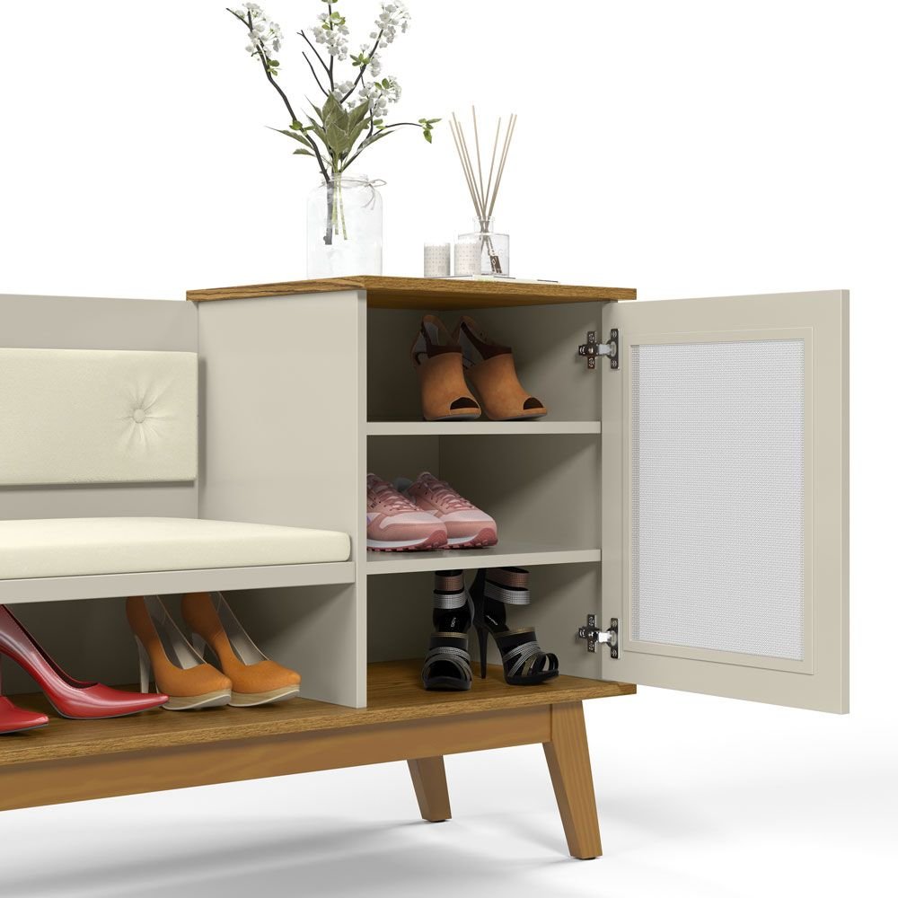 Sapateira com banco e 1 porta Charlotte - Off White/Cumaru | MadeiraMadeira