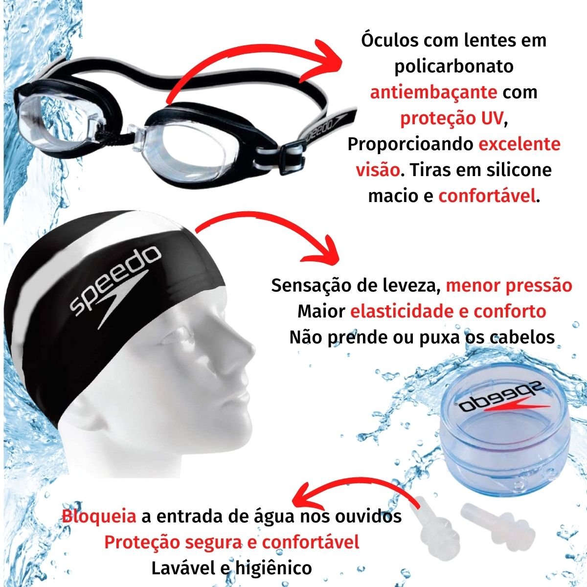Kit Natação Óculos Touca E Protetor Ouvido Speedo Preto | MadeiraMadeira