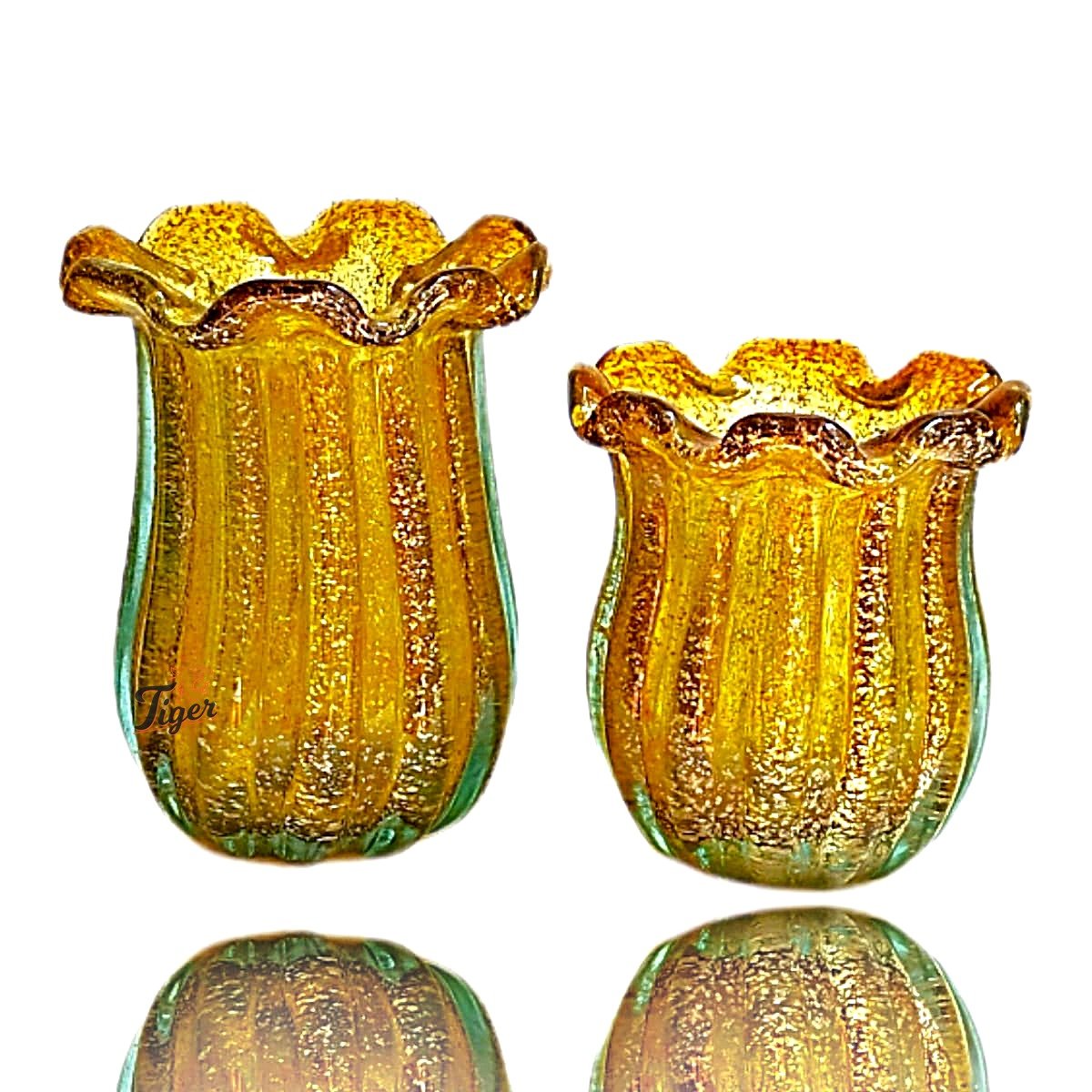 Vaso De Mesa Cristal Murano 21cm Âmbar e Dourado Tiger Glass ...