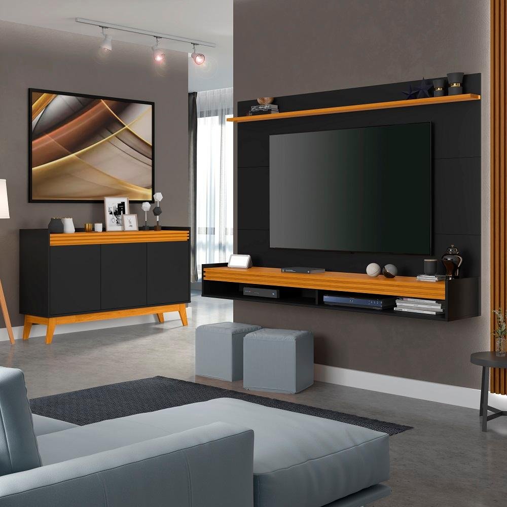 Conjunto Sala de Estar Buffet e Painel Home Ripado 180cm | MadeiraMadeira