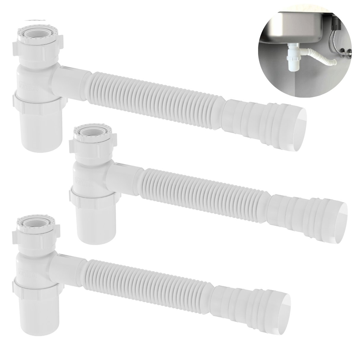 Sifão Sanfonado com Copo 49cm Branco | Astra | Kit C/ 3 Un | MadeiraMadeira