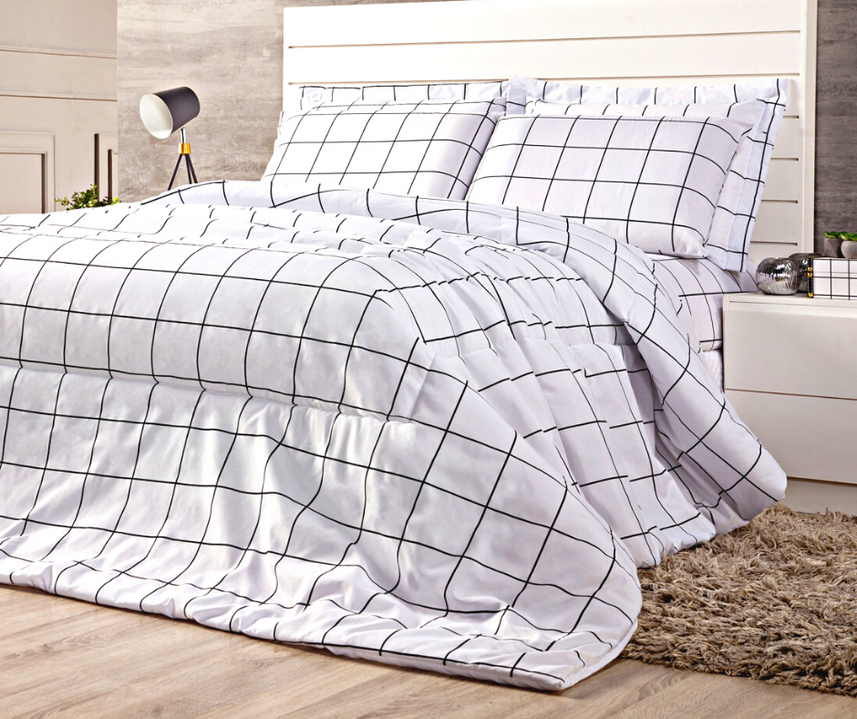 Kit edredom de cama king com portas travesseiro dupla face quadriculado ...