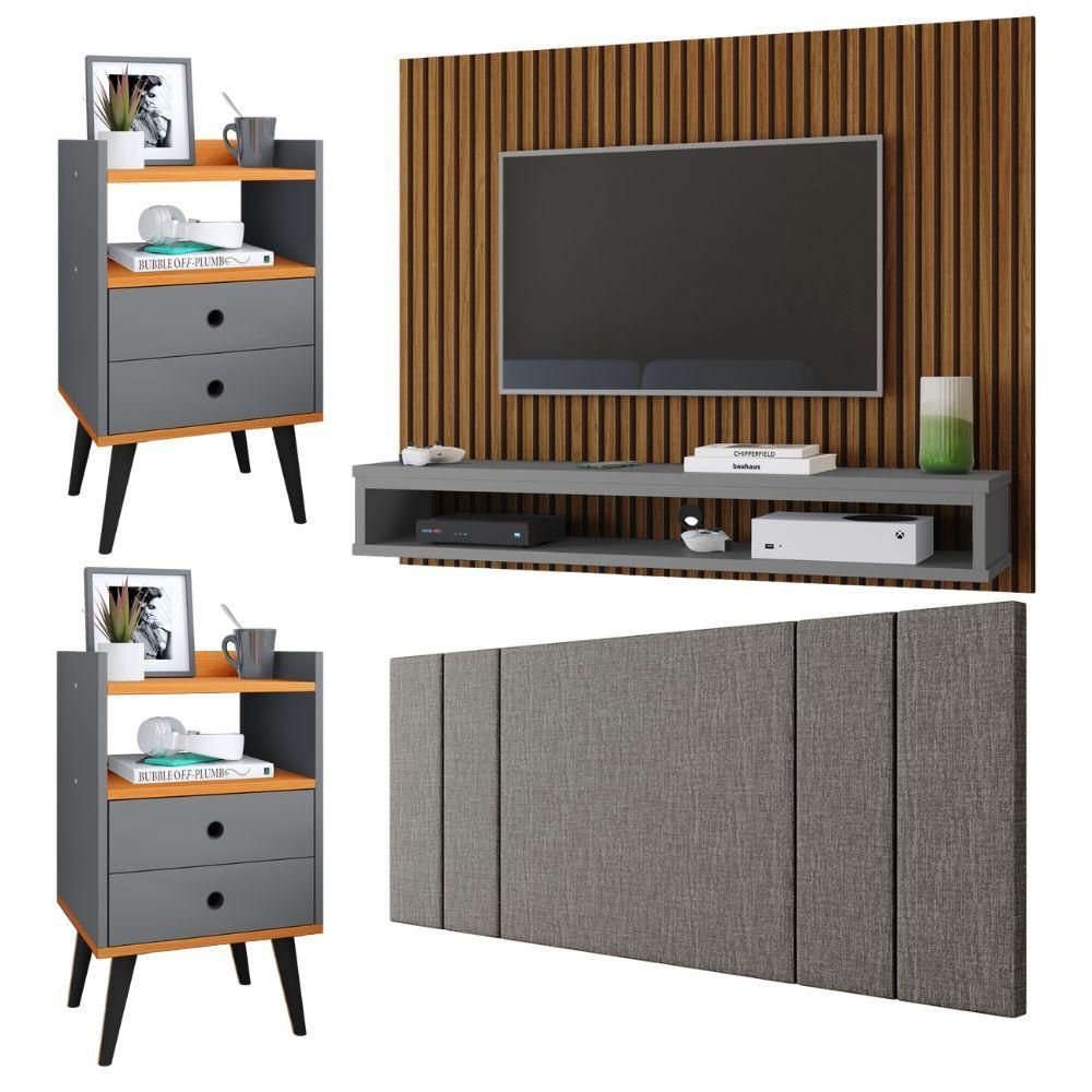 Painel Ripado Freijó Tv 50 Polegada Cabeceira Casal 1,40 Linho 2 Mesinha Quarto Nicho Cinza ...