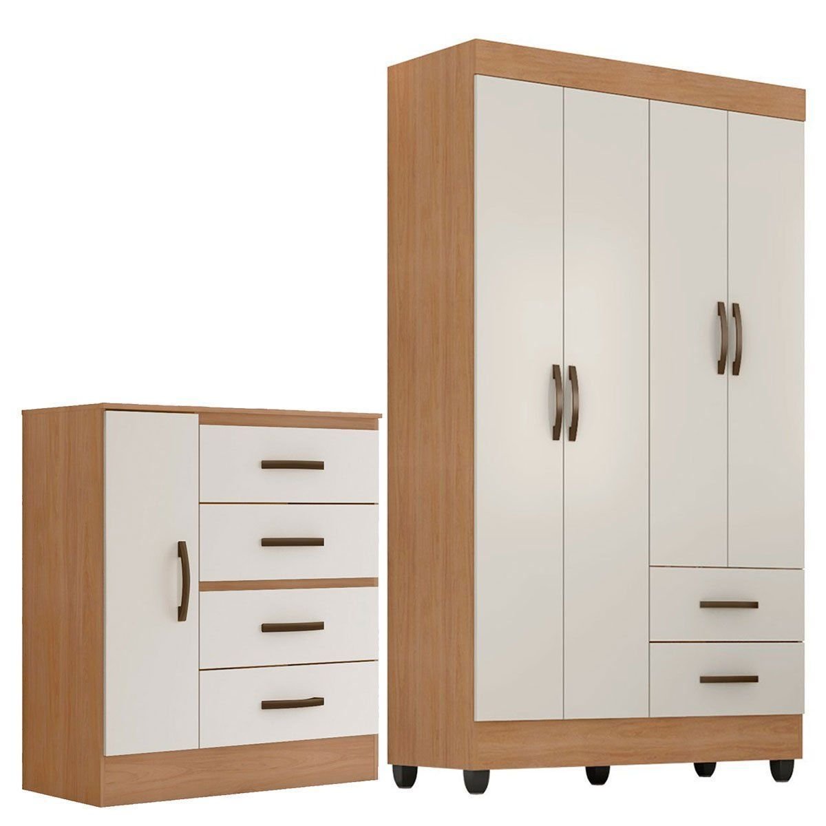 Kit Guarda-roupa Solteiro 4 Portas com Cômoda Sapateira Lisa Nature/off ...