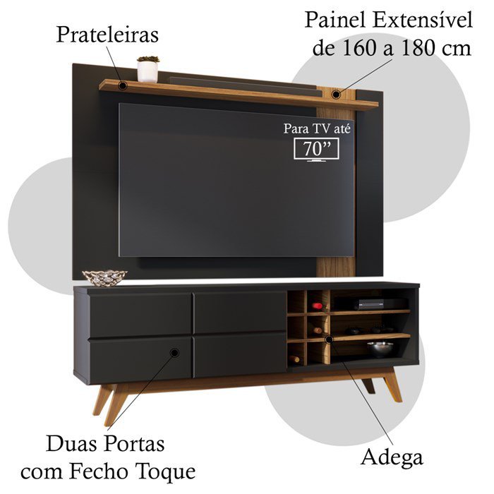 Painel Tv 70 Polegadas Leme e Rack 2 Portas Noronha Preto Noce Milano Clb | MadeiraMadeira