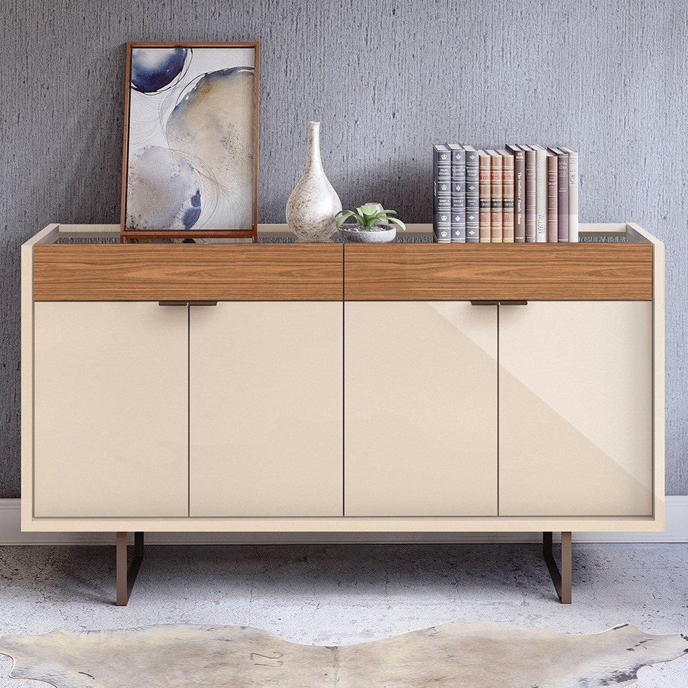 Balcão Aparador Buffet 4 Portas 2 Gavetas Berlim C14 Off White/Noce ...