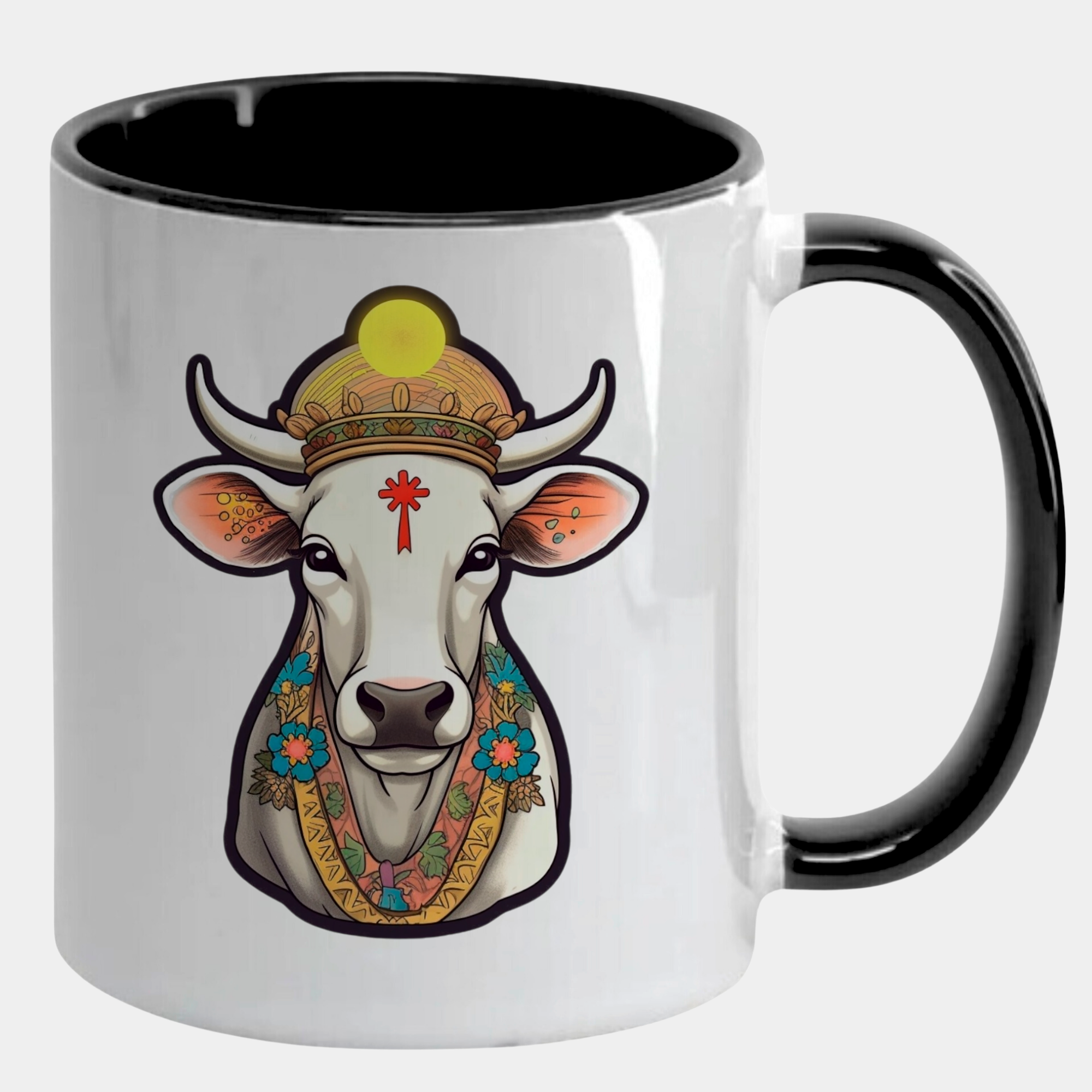 Caneca Branca com Interna Preta Y5 Vaca Sagrada India | MadeiraMadeira