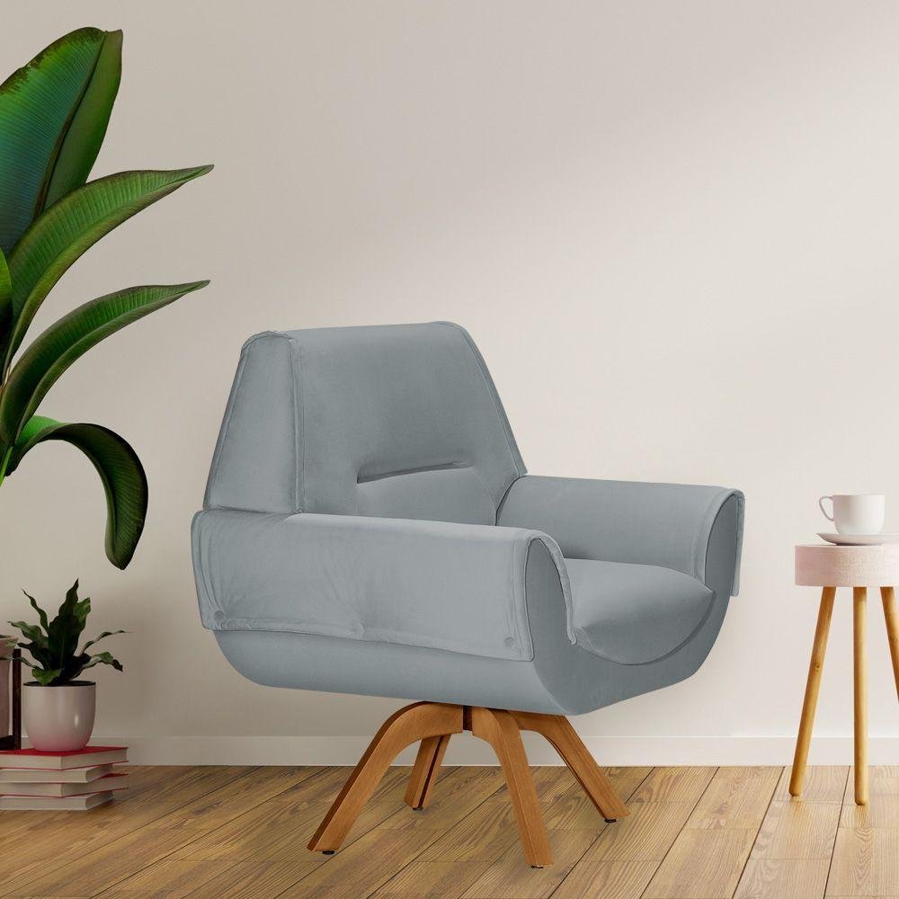 Poltrona Decorativa Havana Prime Veludo Cinza Claro Base Giratória em ...