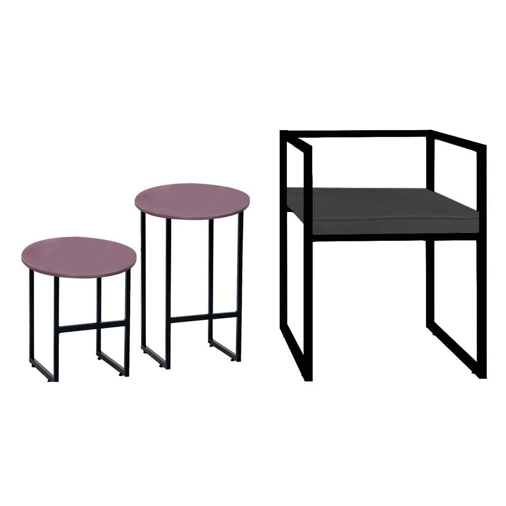 Kit Poltrona Cubo com 2 Mesas Will Ferro Preto Tampo Redondo Rose Suede ...