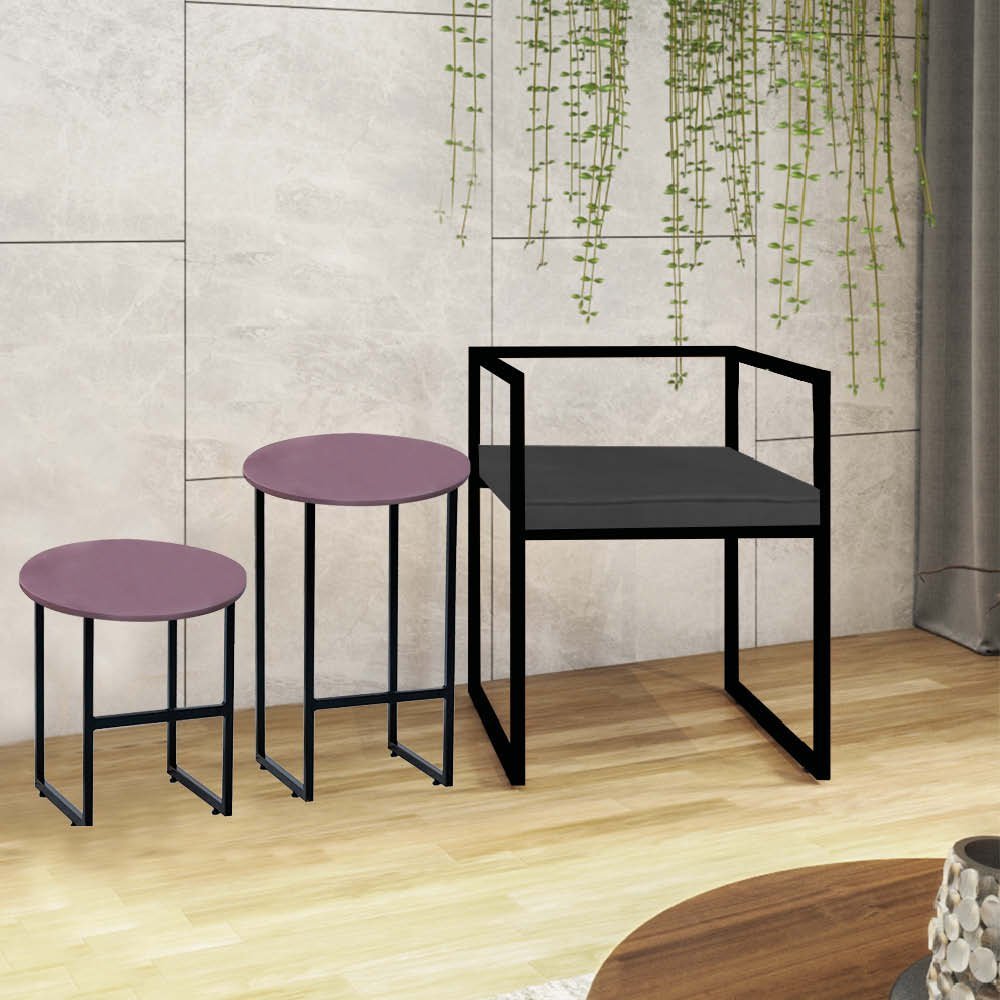 Kit Poltrona Cubo com 2 Mesas Will Ferro Preto Tampo Redondo Rose Suede ...