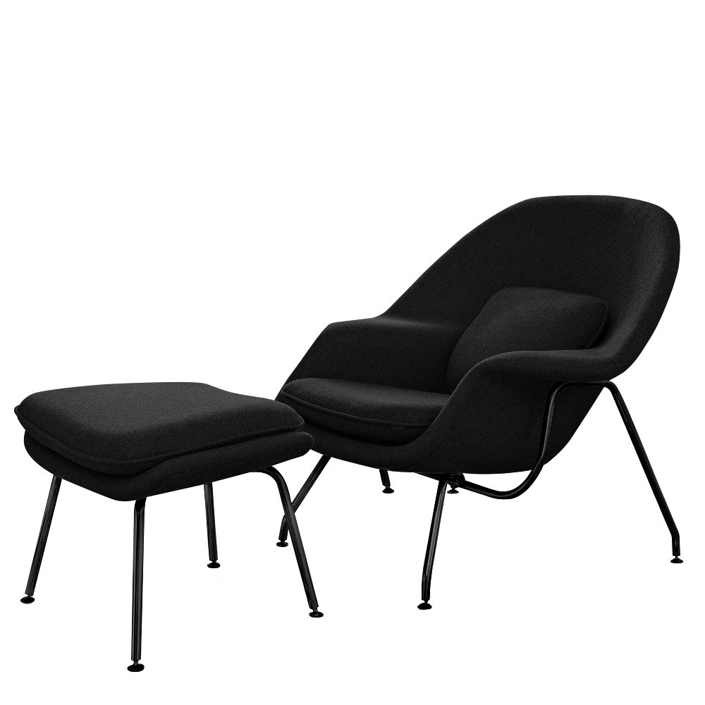 Poltrona Womb Chair com Puff Base Preta Linho Preto | MadeiraMadeira