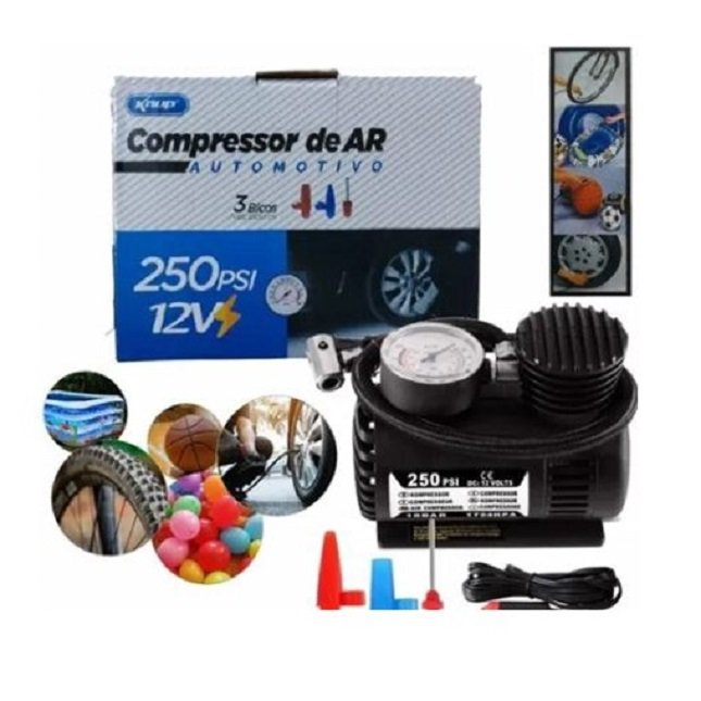 Mini Compressor Automotivo 12V 250 Psi 3 Bicos Manômetro | MadeiraMadeira