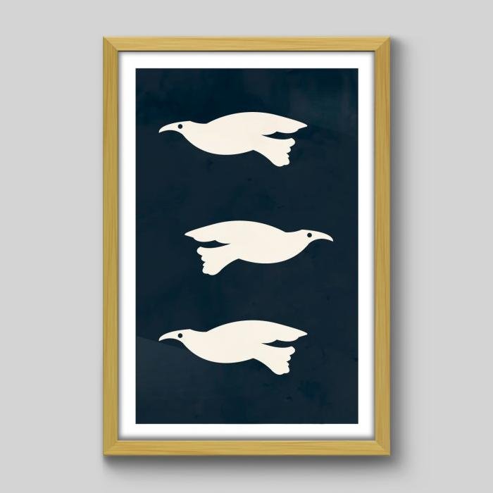 Birds Organic Shapes White And Blue - 60x40cm - Moldura Padrão Madeira ...