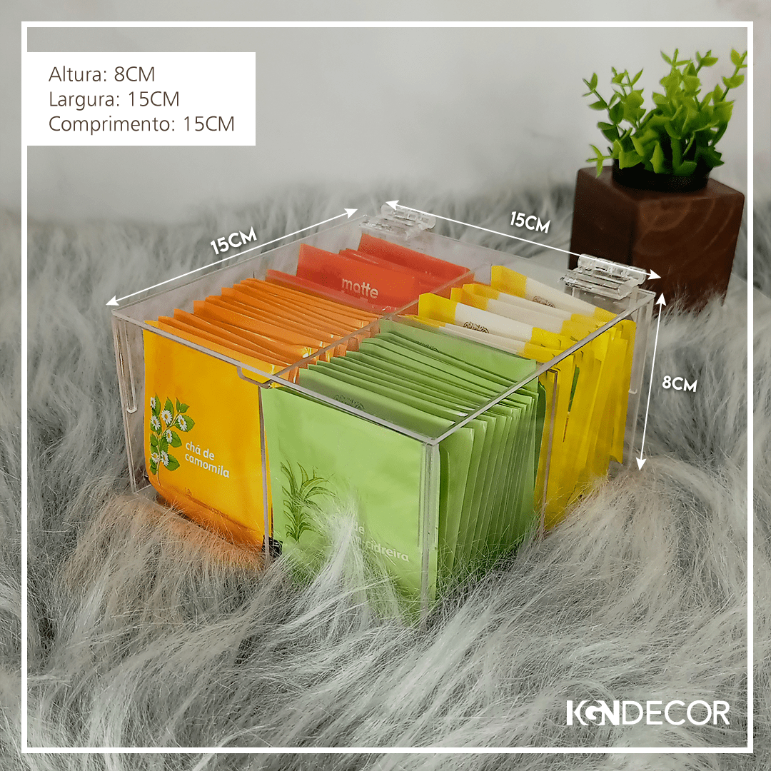 Caixa Porta Sache e Chá Com Tampa e 4 Divisórias em Acrílico ...