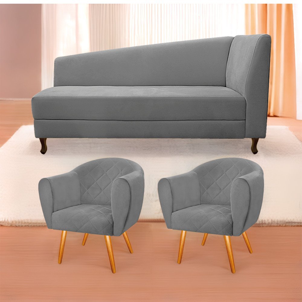 Kit Diva Recamier Valéria 160 cm Lado Esquerdo e 02 Poltronas Dandara Suede - Doce Sonho Móveis ...