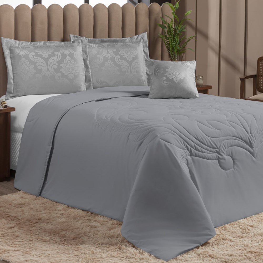 Kit Edredom Acordes Queen Jacquard Microfibra 5 Peças - Cinza ...