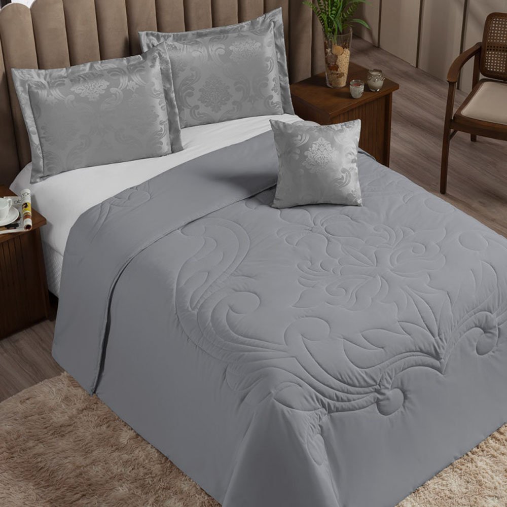 Kit Edredom Acordes Queen Jacquard Microfibra 5 Peças - Cinza ...