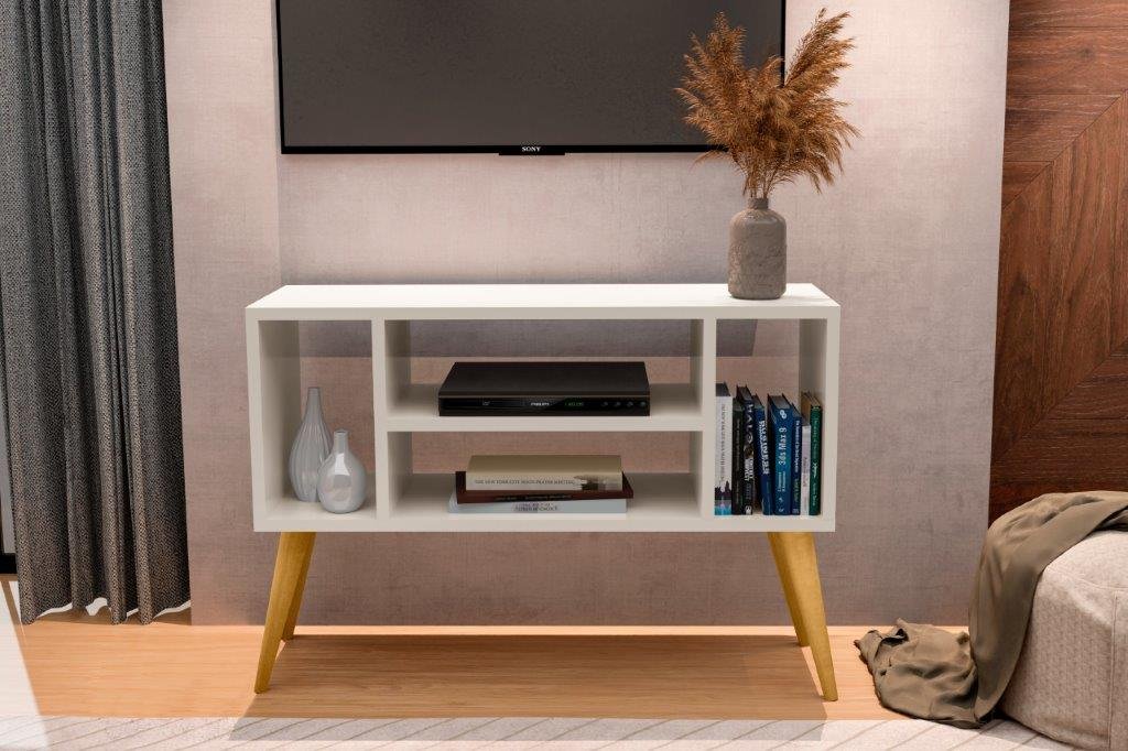 Rack / Bancada Mi Modelo Retrô com Nichos Cor Off White Ja | MadeiraMadeira