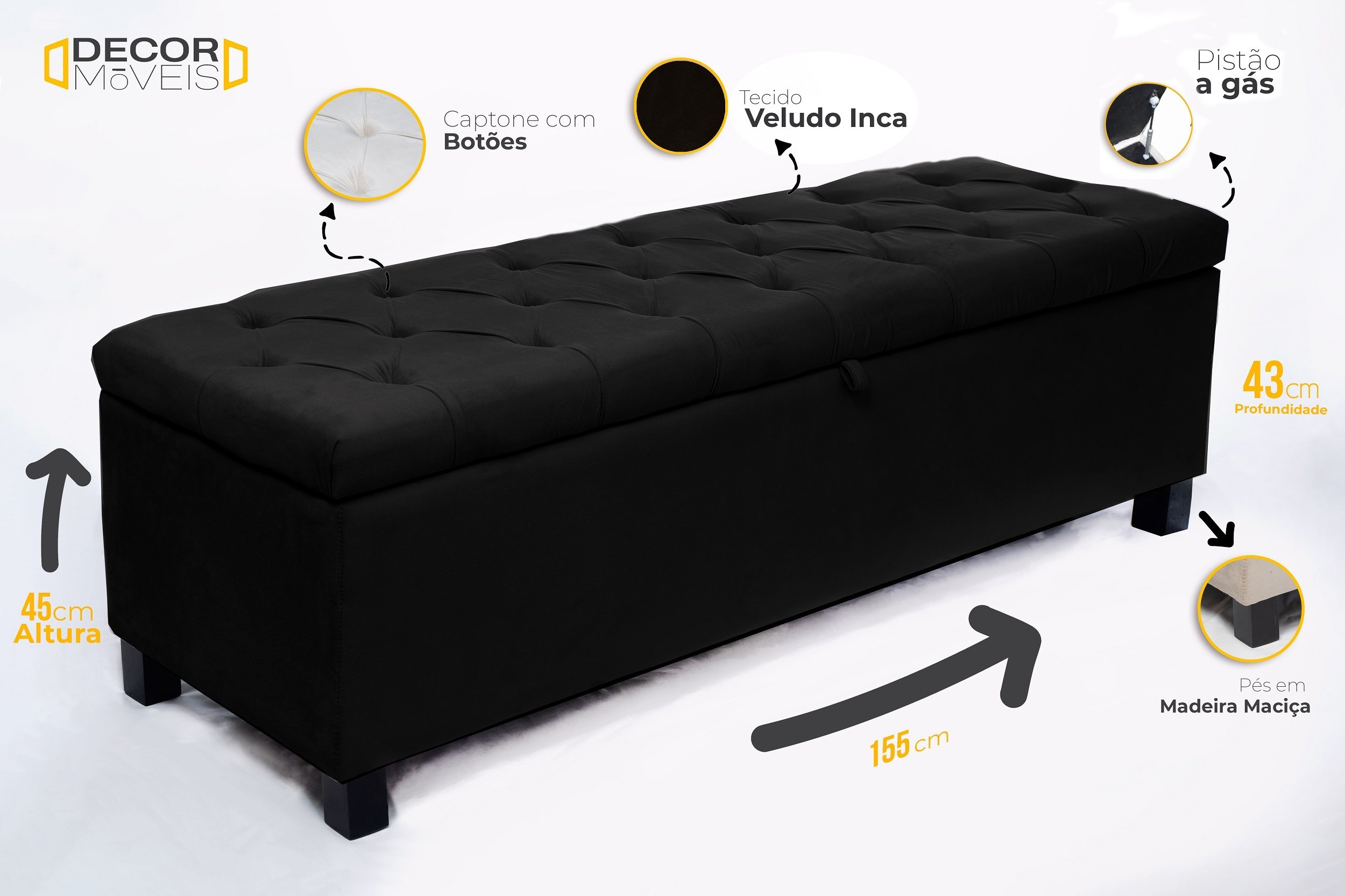 Recamier Baú Divã Sara 155cm P/ Cama Queen Sapateira Pés de Madeira ...