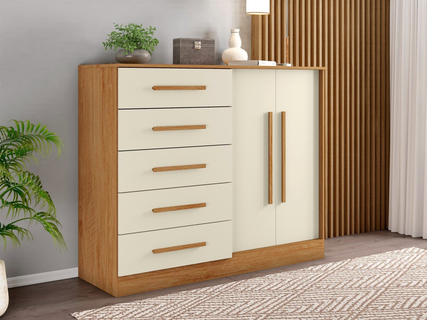 Cômoda Sapateira Texas 5 Gavetas 2 Portas - Mopar Freijó com Off White | MadeiraMadeira