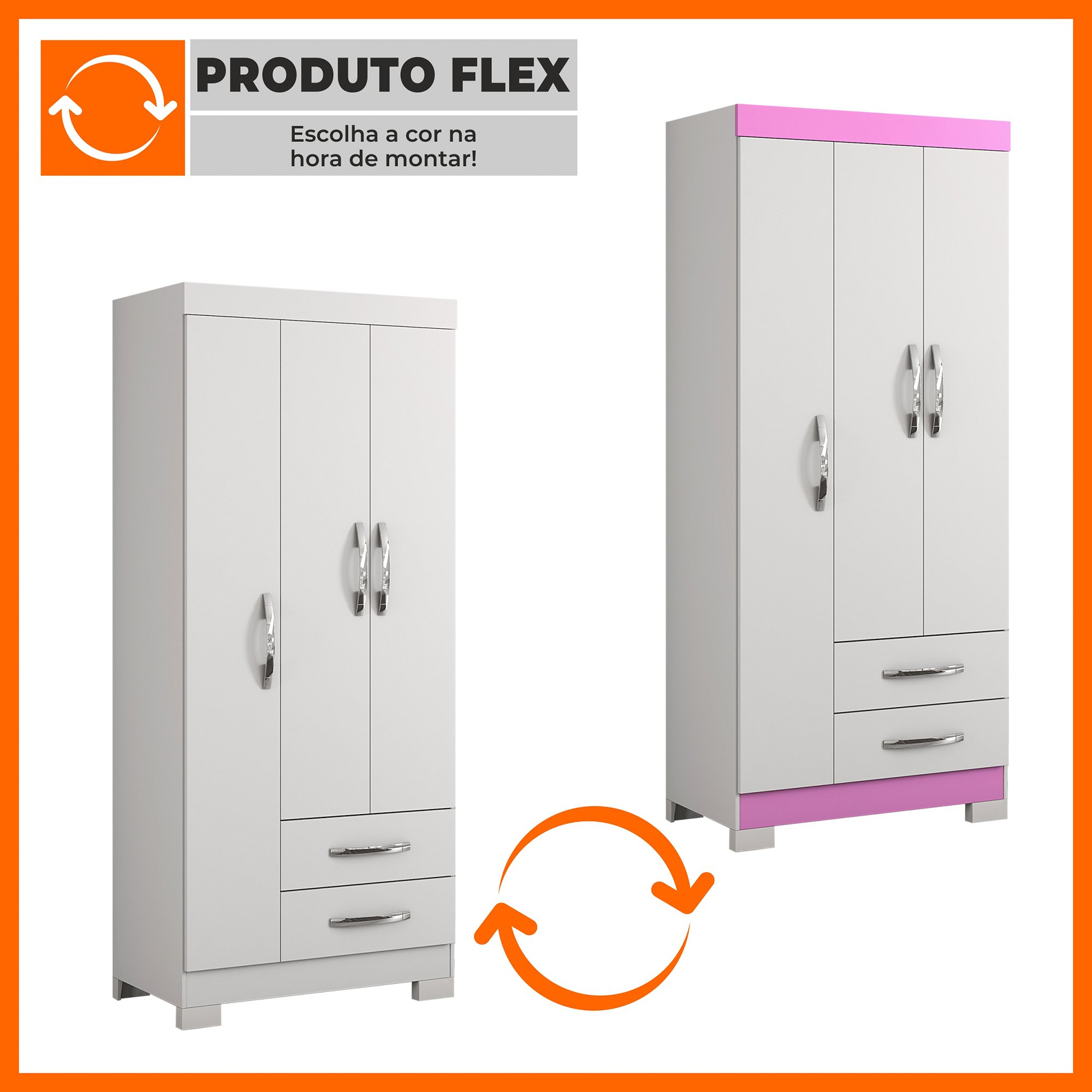 Guarda-Roupa 3 Portas 2 Gavetas Branco/Rosa Flex NT5000 Notável Móveis ...