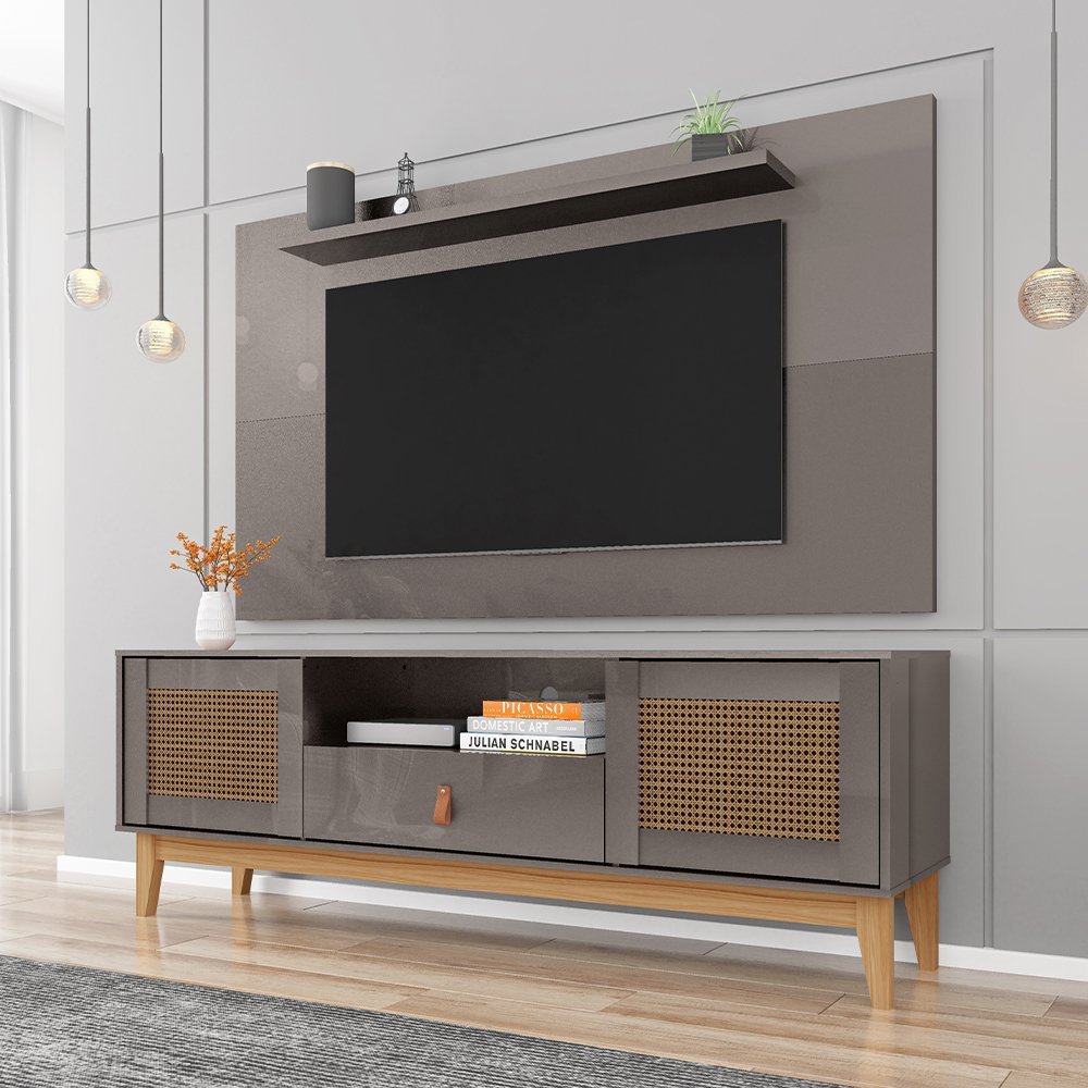 Rack 02 Portas 01 Gaveta e Painel Esmeralda Cinza Pérola Cedro Rattan ...