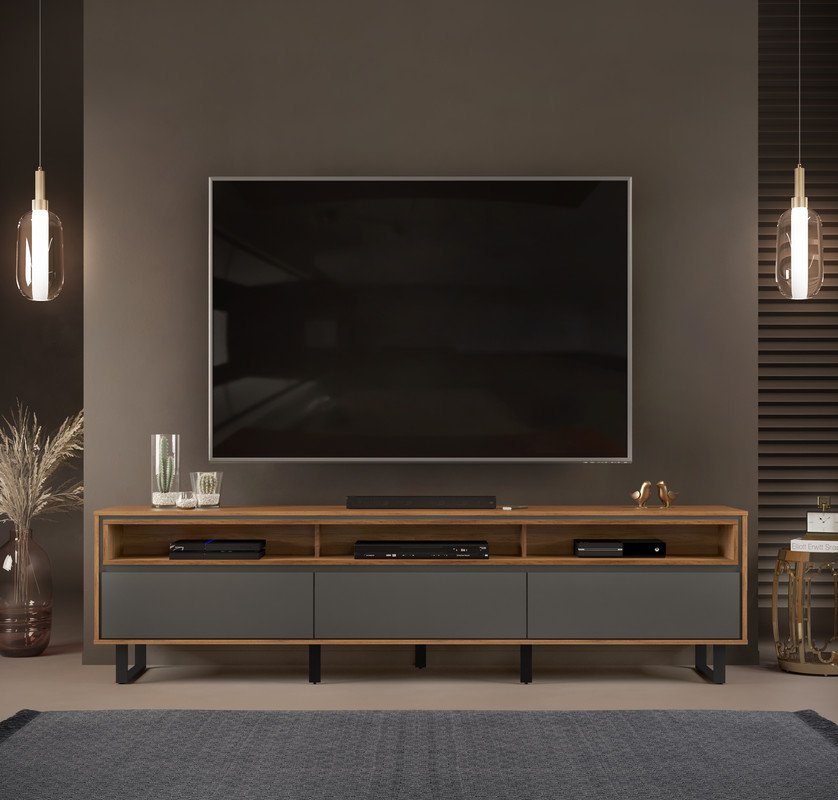 Bancada Rack Para Sala 3 Gavetas 226 cm Para TV Até 75 Polegadas Pés em ...