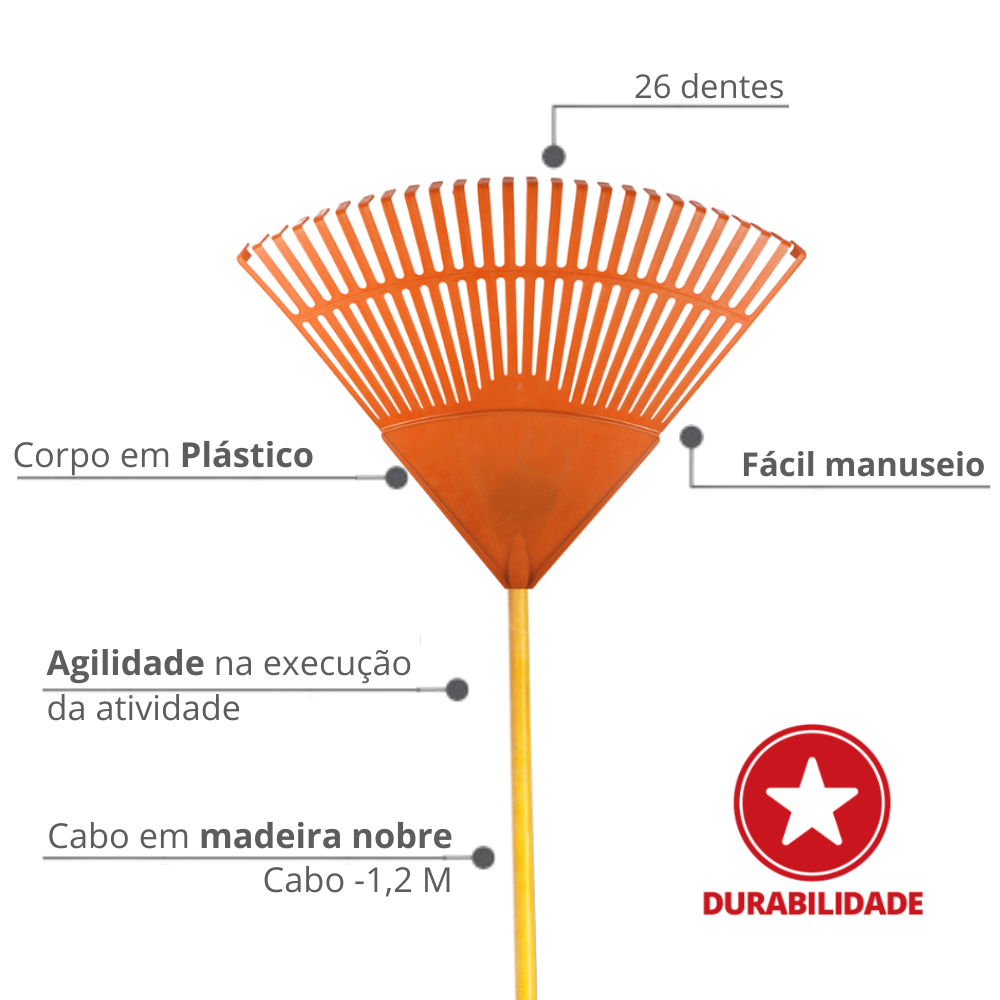 Rastelo Vassoura Plástica 26 Dente Cor Laranja com Cabo de Madeira 1,2 ...
