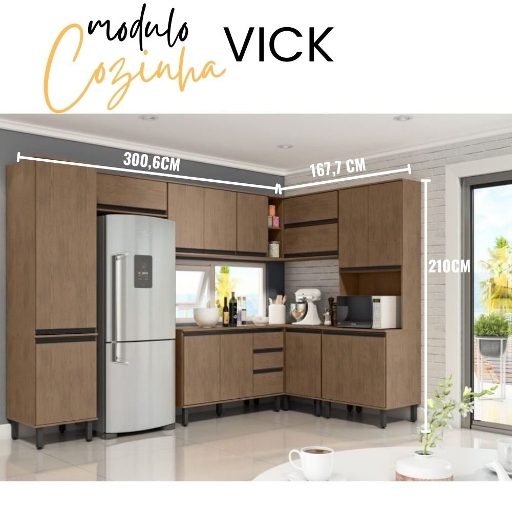 Cozinha Completa Modulada de Canto com Tampo Vick 8 Peças Nogal/Nogal ...