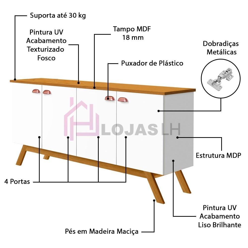 Buffet Aparador 4 Portas Atlanta Branco/Madeira | MadeiraMadeira