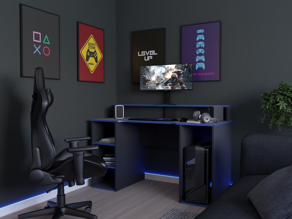 Mesa Gamer com Tampo Superior de Apoio e Prateleiras e Nicho Laterais ...