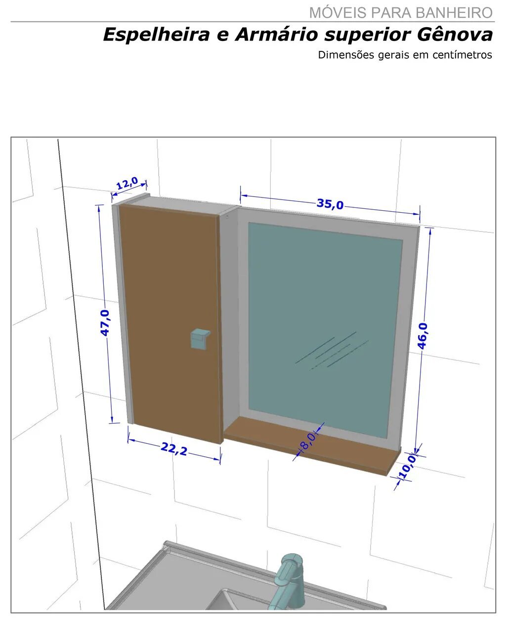 Gabinete para Pia de Coluna Mark com Espelheira Genova Ripado - JD ...