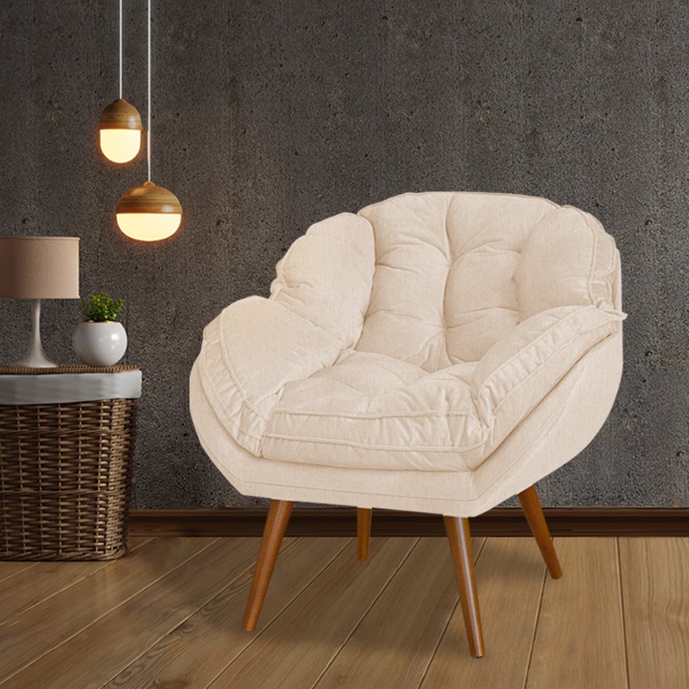 Poltrona Decorativa Ágata Prime Veludo Bege Base Fixa em Madeira Maciça ...
