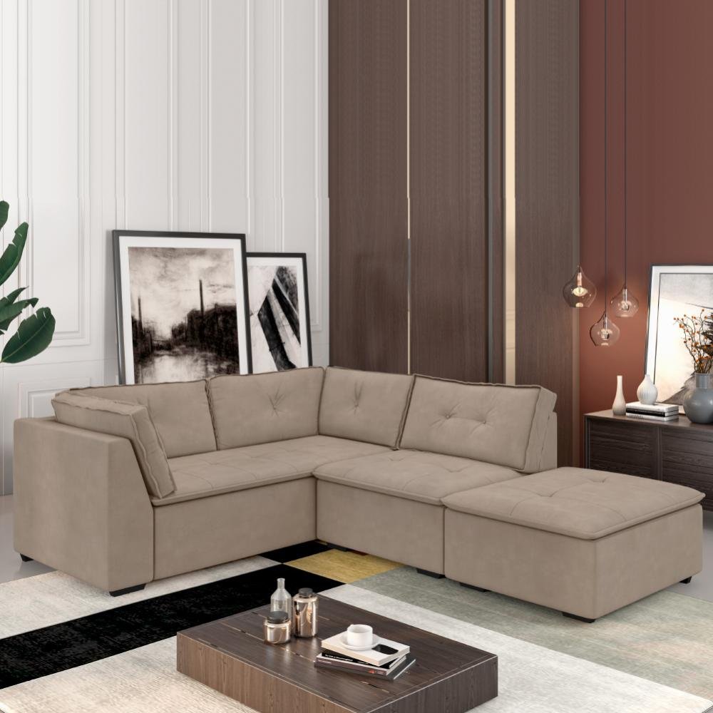 Sofá de Canto com Puff 5 Lugares Cabul Veludo Capuccino | MadeiraMadeira
